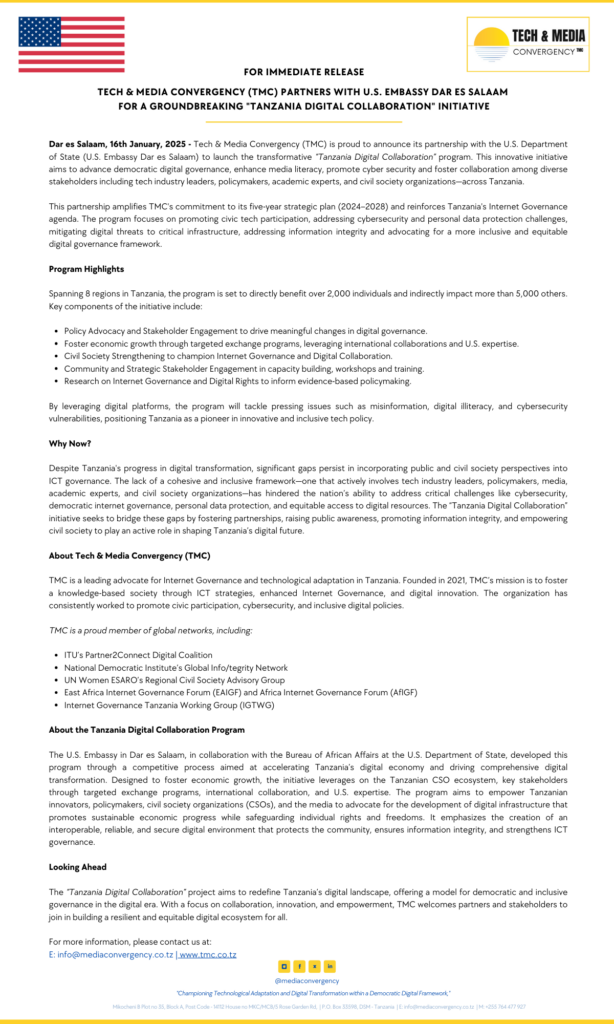 PRESS RELEASE: TMC Partners with U.S. Embassy Dar es Salaam for a Groundbreaking “Tanzania ...